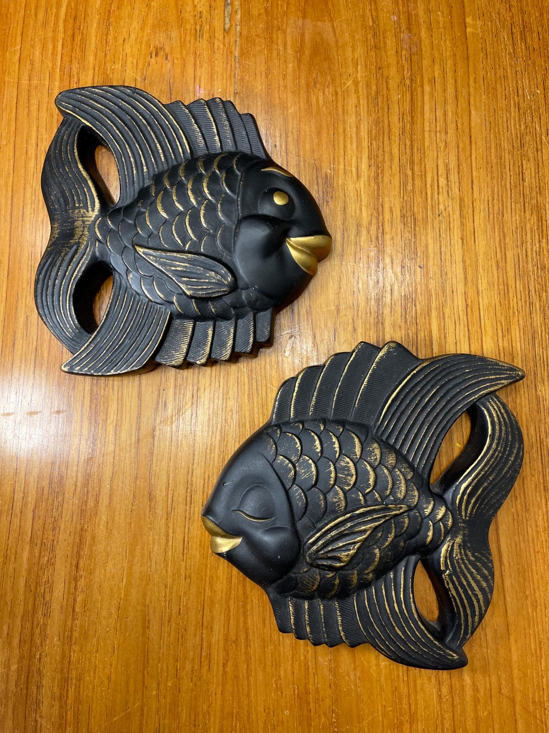 Vintage Millers Studio Chalkware Black and Gold Kissing Fish Wall Plaques - Etsy