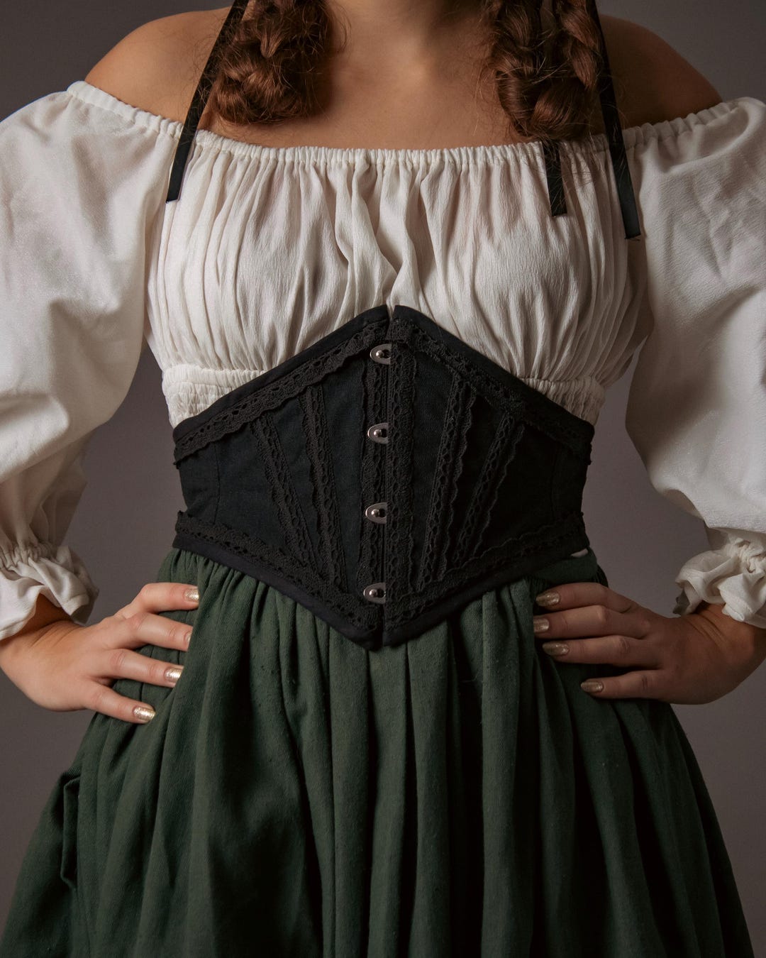 Corset Belt With Bobbin Lace, Waist Cincher, Front Busk Closure, Back ...