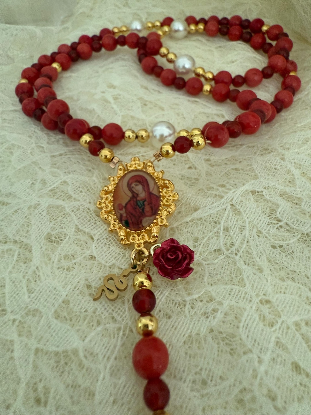 Maria Magdalena Rosary, Mary Magdalene Handmade in Coral Stone, Mother ...