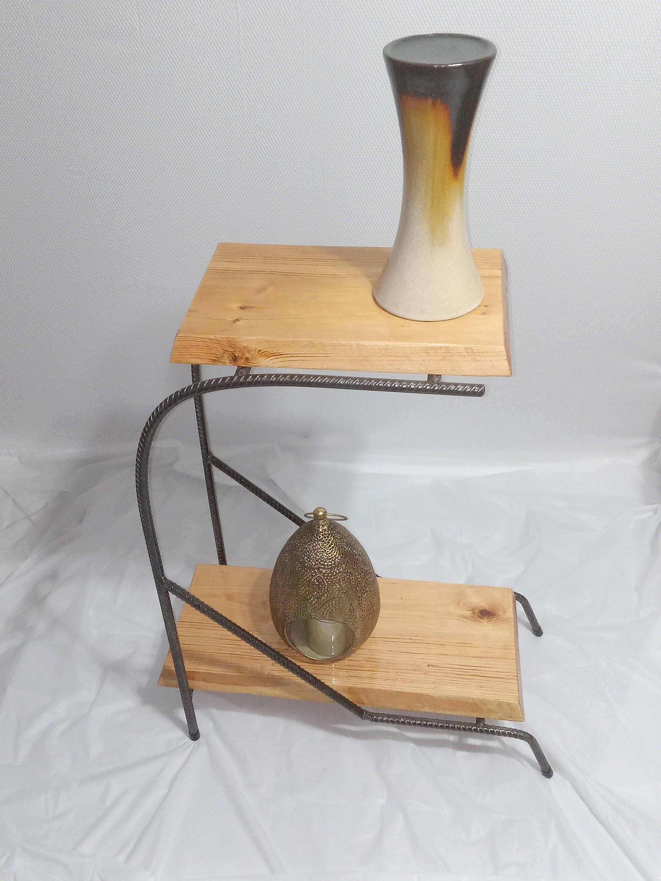 2 Tiered Side Table, Hand Bent Rebar Book Shelf, Plant Stand, Natural ...