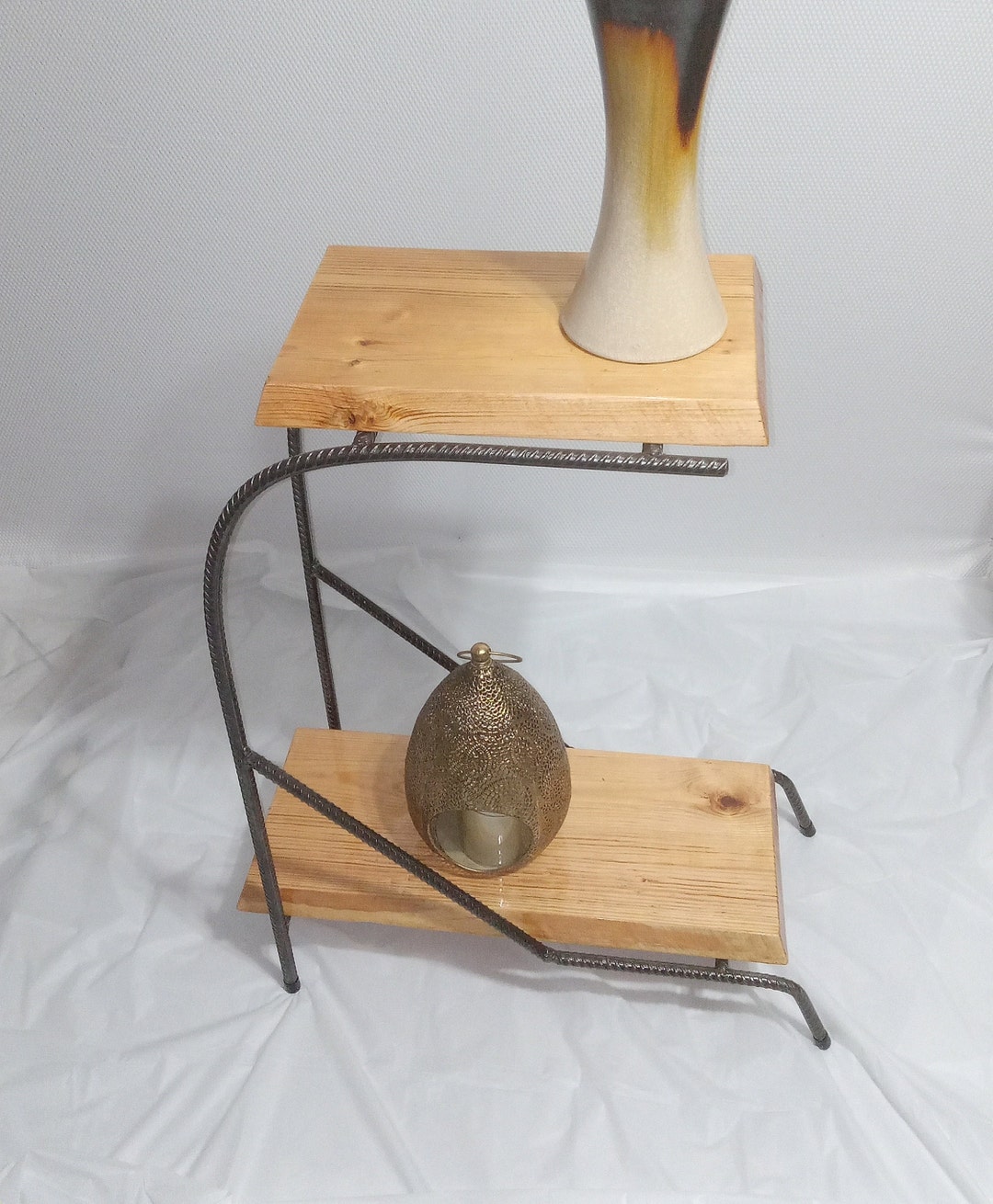 2 Tiered Side Table, Hand Bent Rebar Book Shelf, Plant Stand, Natural ...