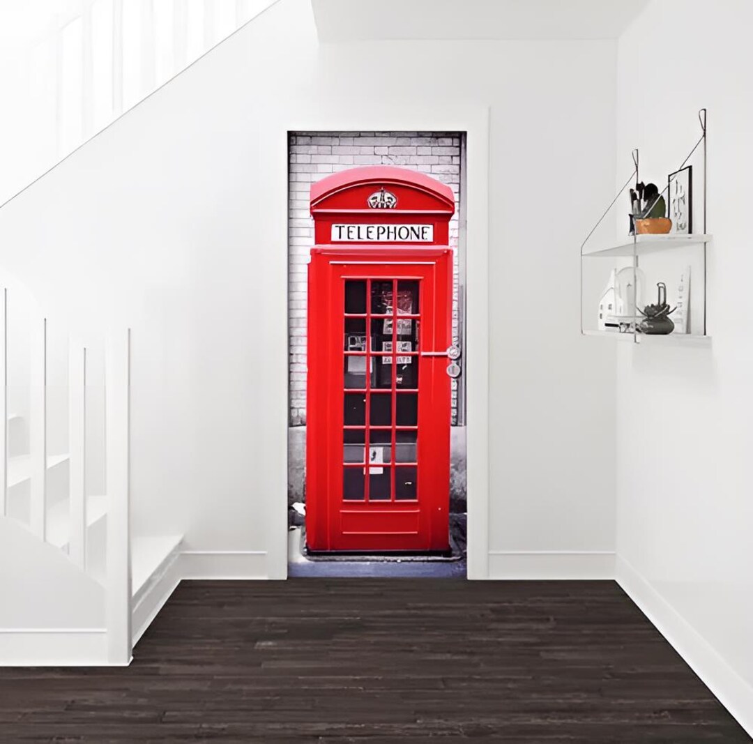 Red Telephone Box Door Sticker - Peel & Stick Vinyl Wrap, Front Door ...