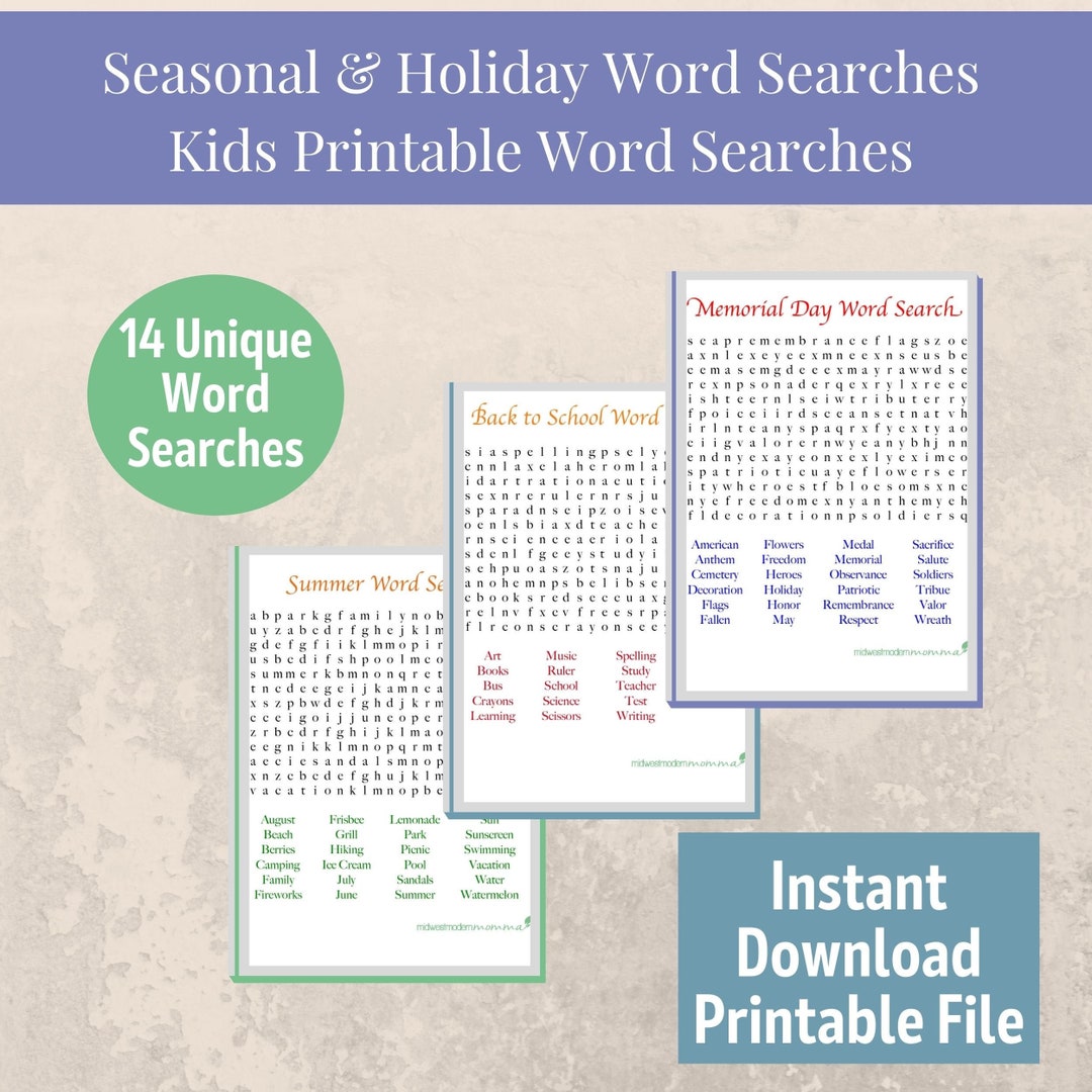 Holidays Word Searches for Kids | Homeschool Printable Word Search - Etsy