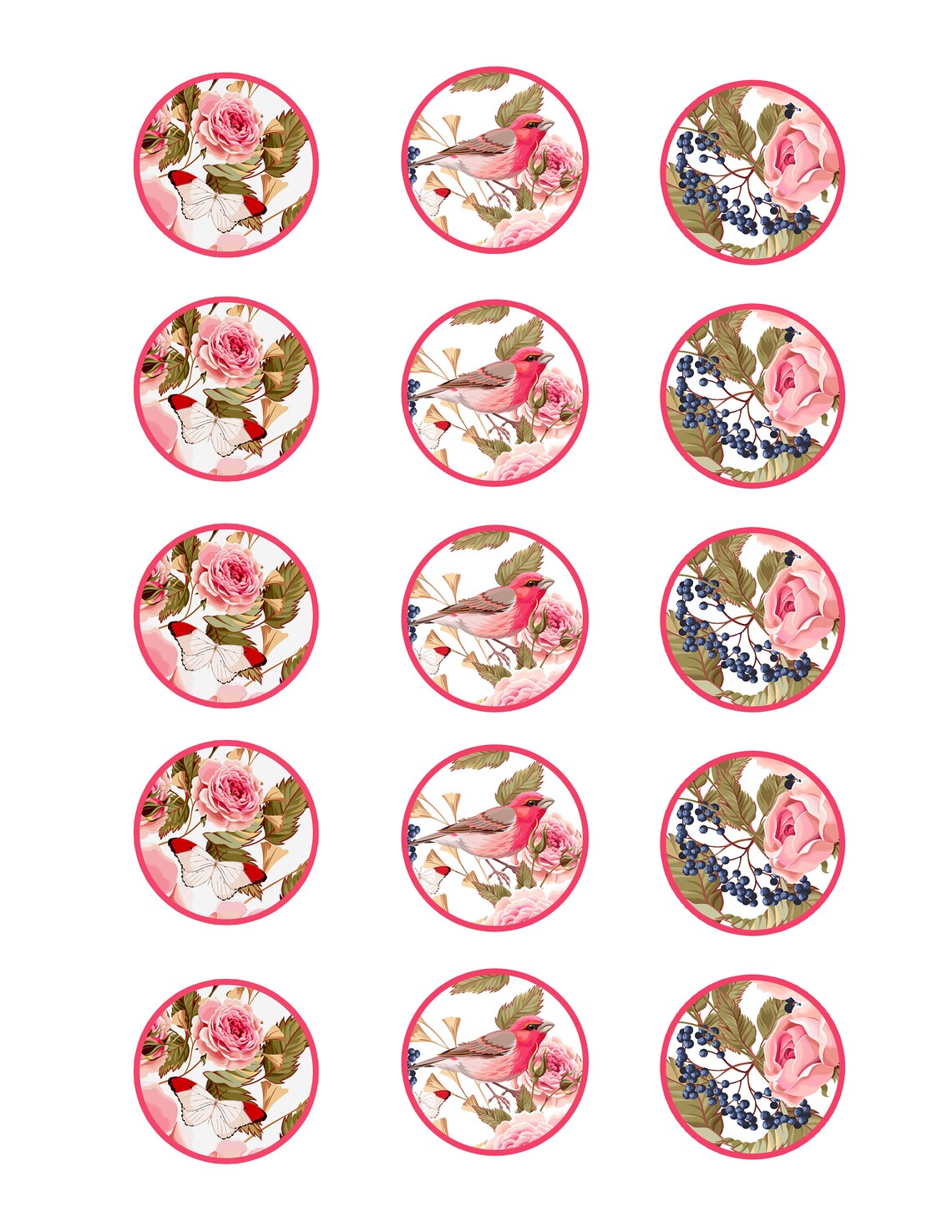 7-piece Pink and Red Rose Garden Bird and Butterflies 12 - Etsy