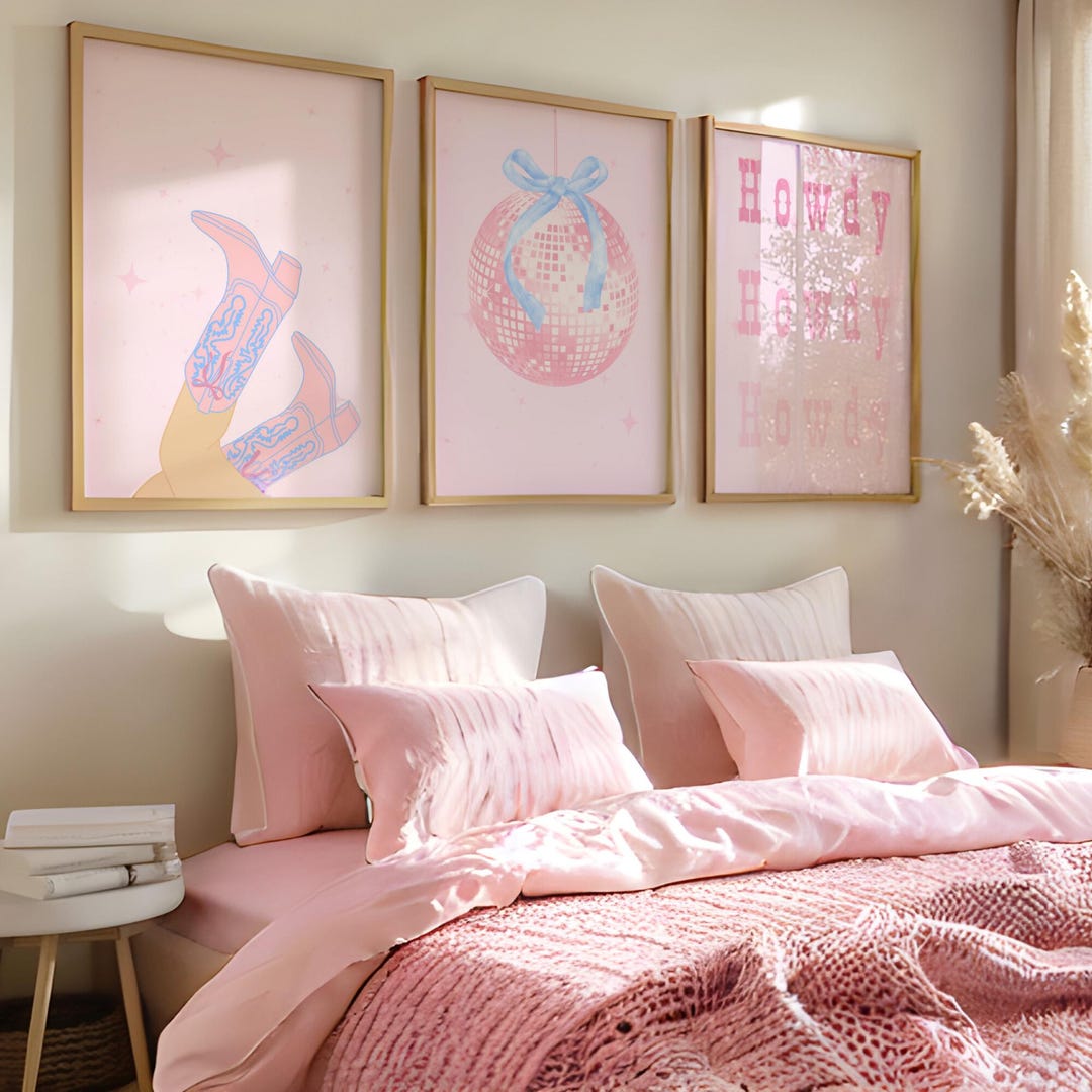 Pink Disco Cowgirl Print Set of 3 Trendy Western Wall Art Howdy Poster ...
