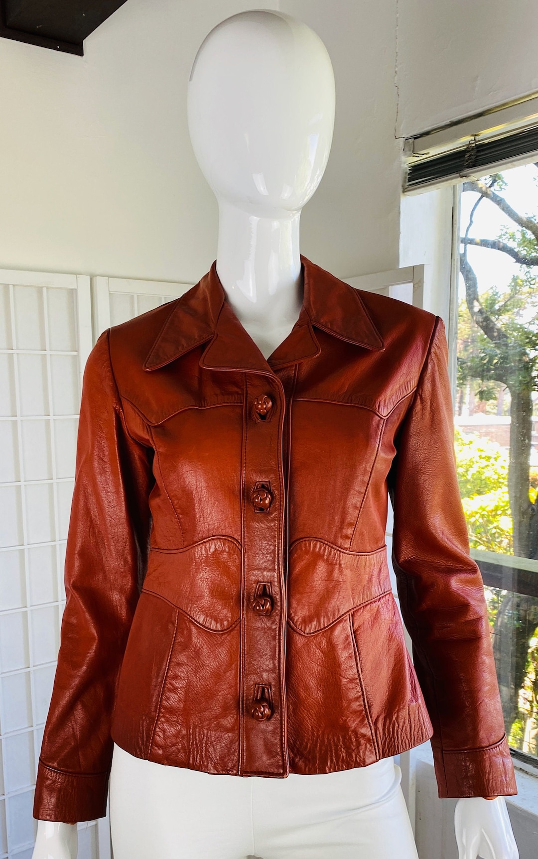 Vintage 1970's ABACUS Women's Leather Button up Notch Collar Lined ...
