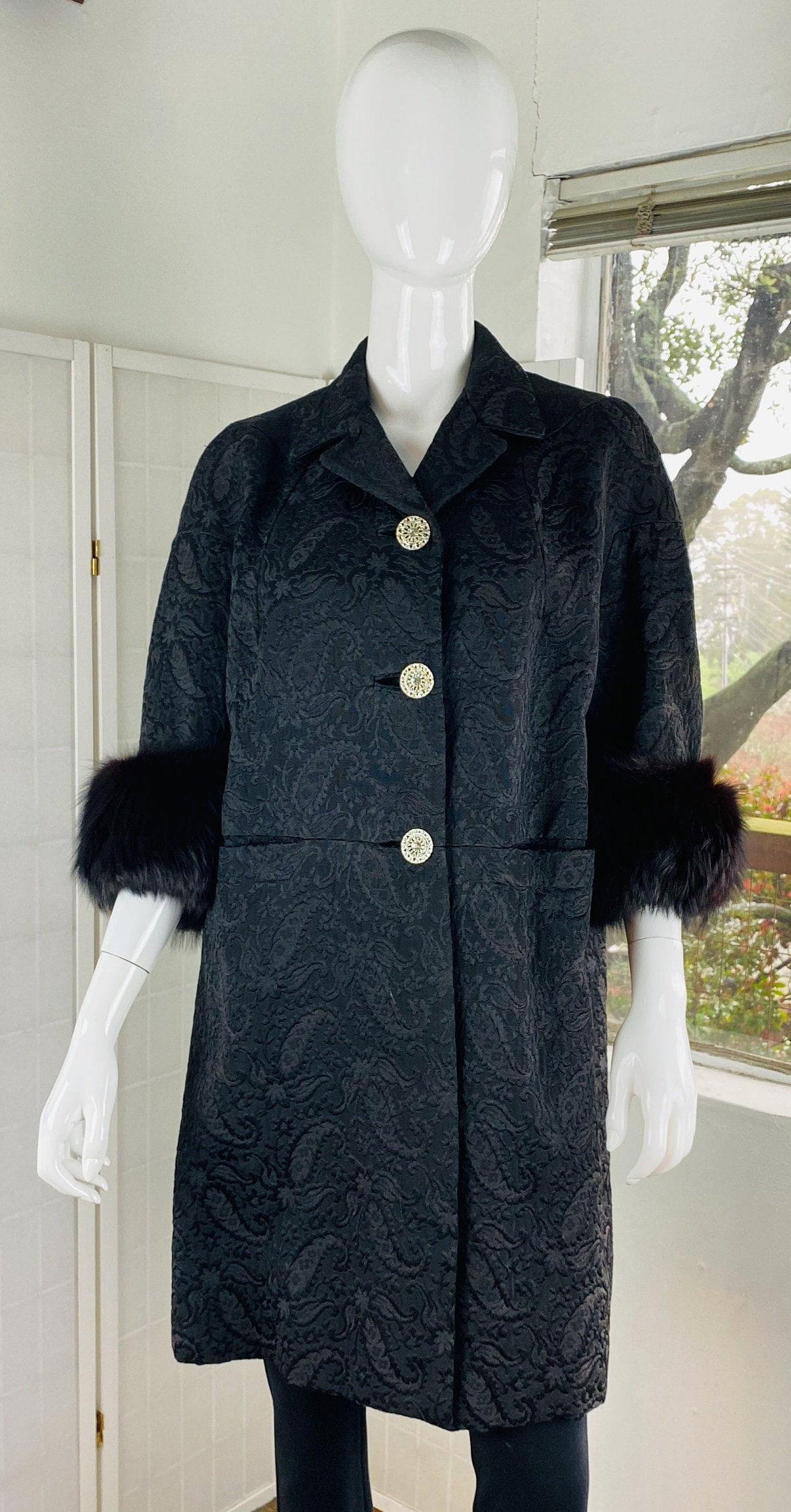 Vintage Hand Made Black Brocade Fabric Cocktail Coat W/mink - Etsy