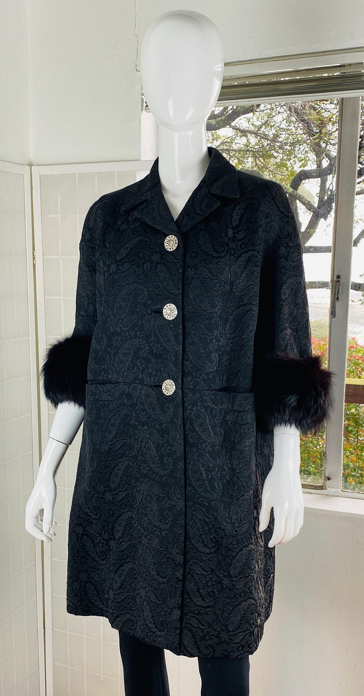 Vintage Hand Made Black Brocade Fabric Cocktail Coat W/mink - Etsy