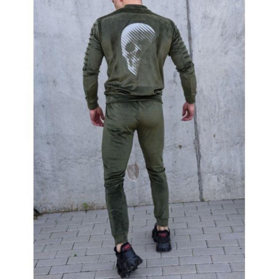 Green Velour Tracksuit With Skull for Men, Matching Loungewear Trousers ...