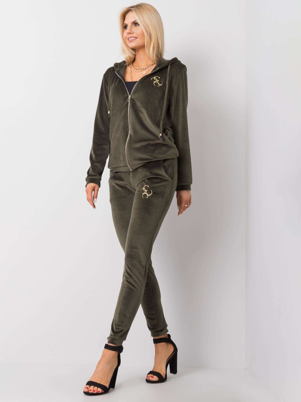 2 Piece Set Women Stacked Flared Jogger Velvet Velour Tracksuits Hoodie ...