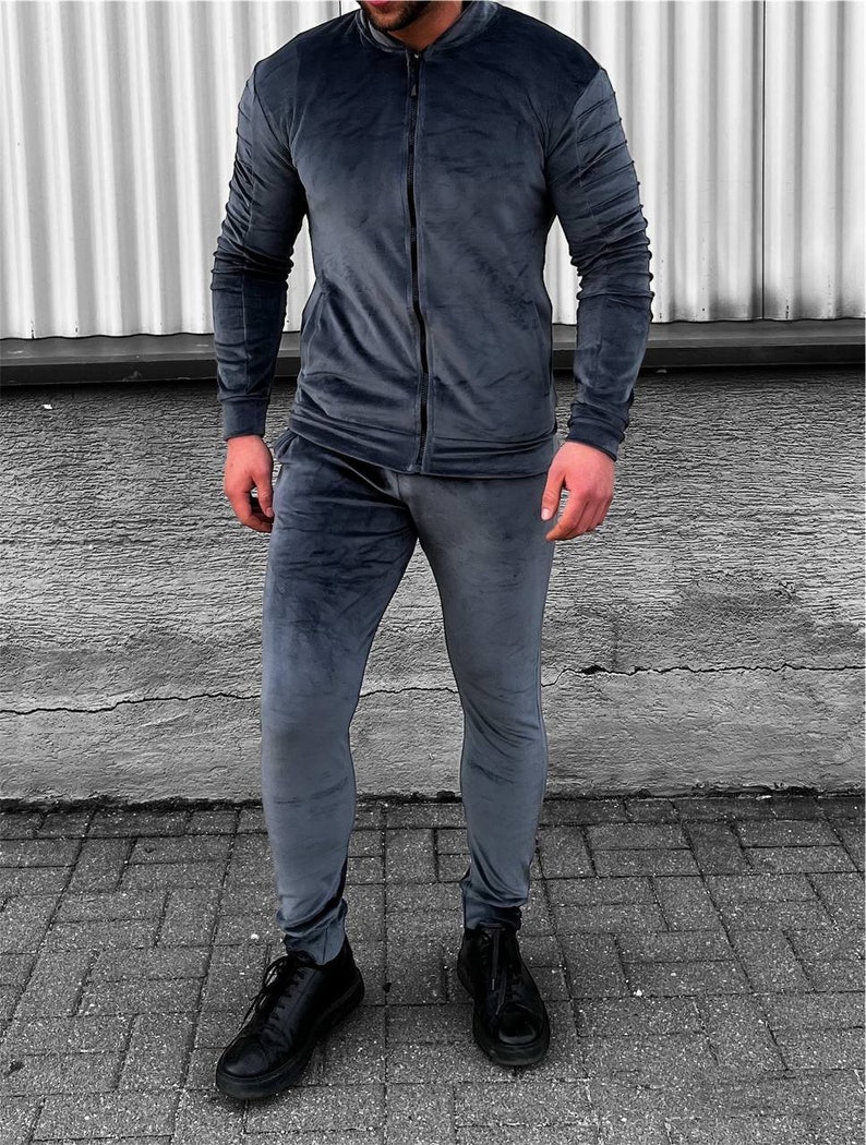 Grey Velour Tracksuit for Men, Matching Loungewear Trousers and Jumper ...