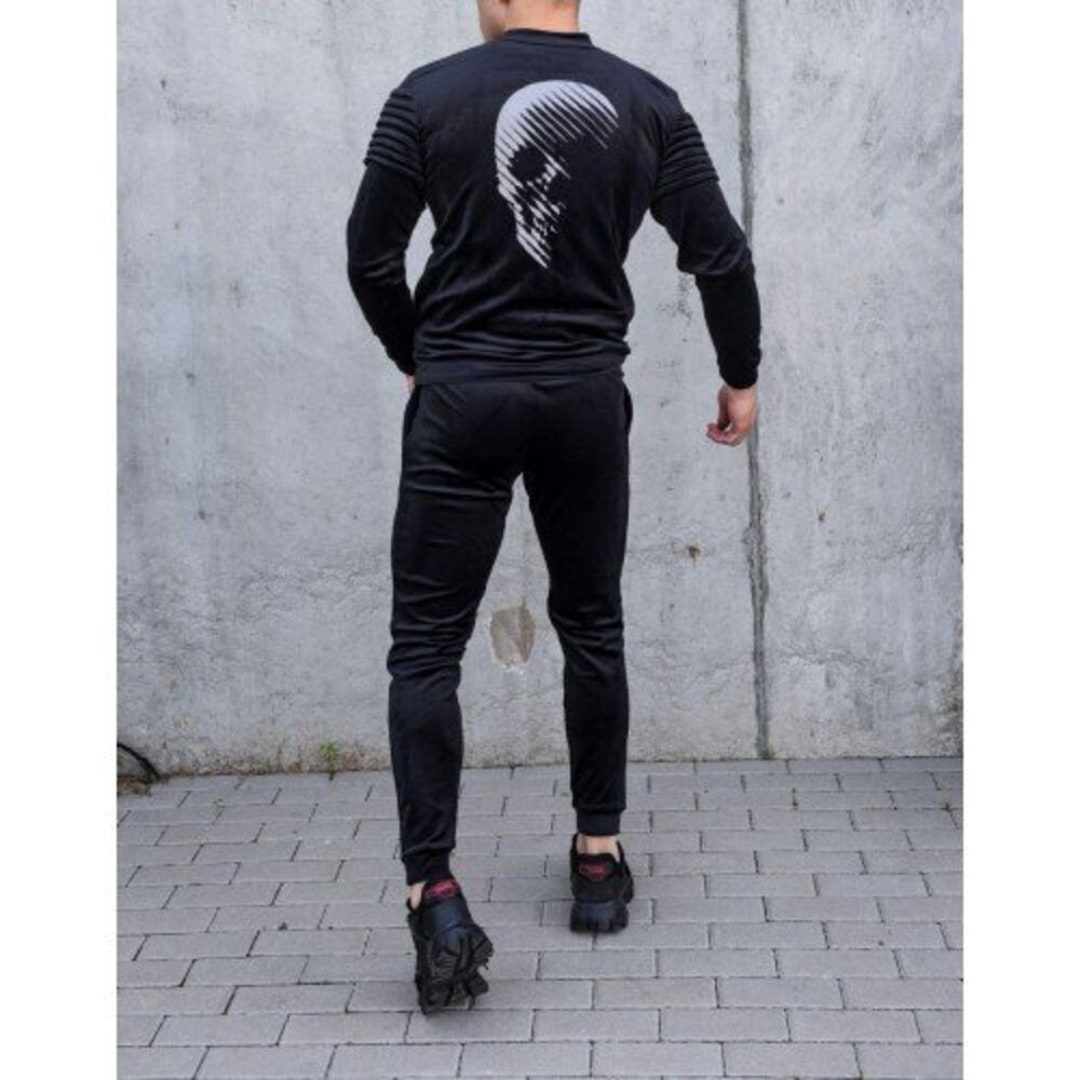 Black Velour Tracksuit With Skull for Men, Matching Loungewear Trousers ...
