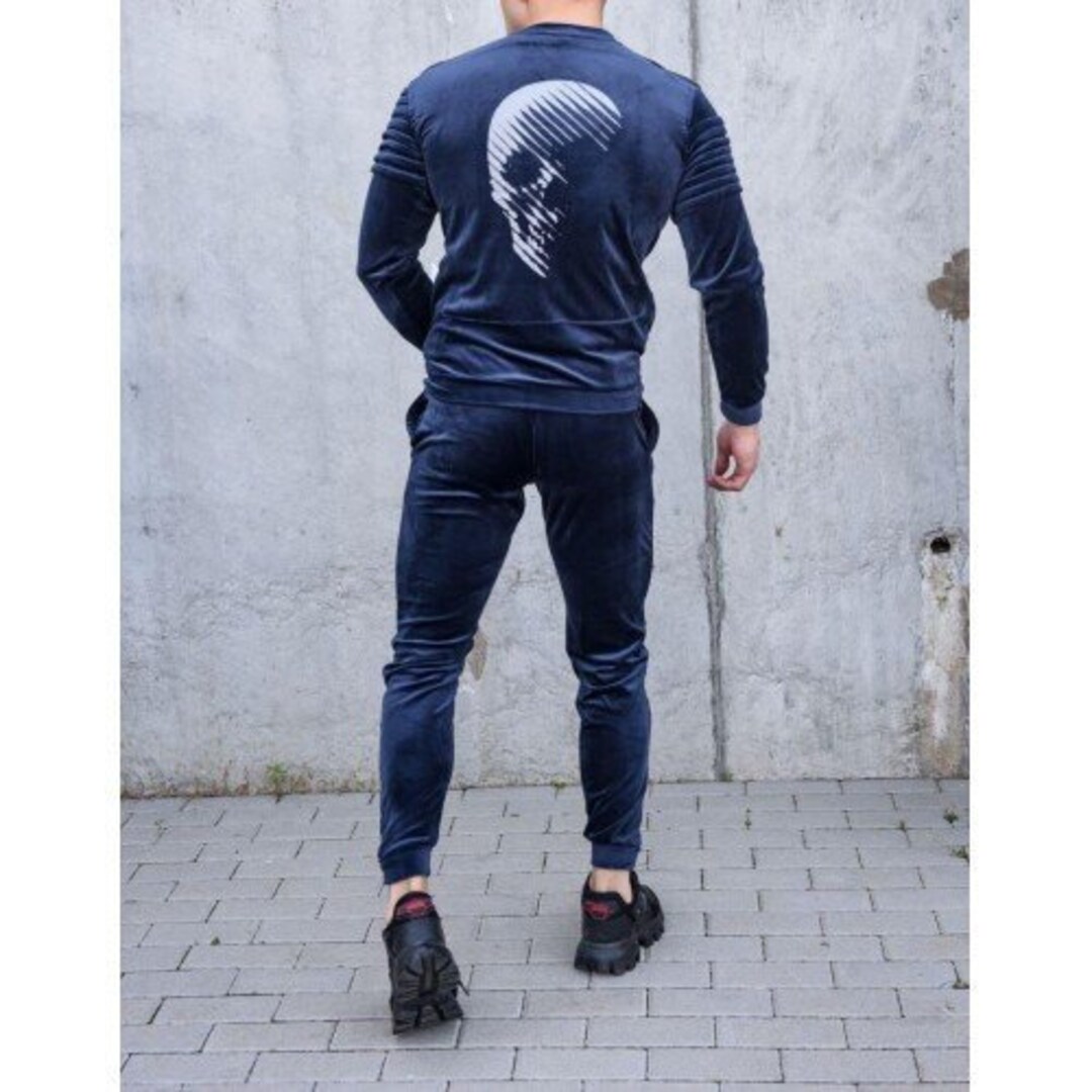 Navy Velour Tracksuit Skull for Men, Matching Loungewear Trousers and ...