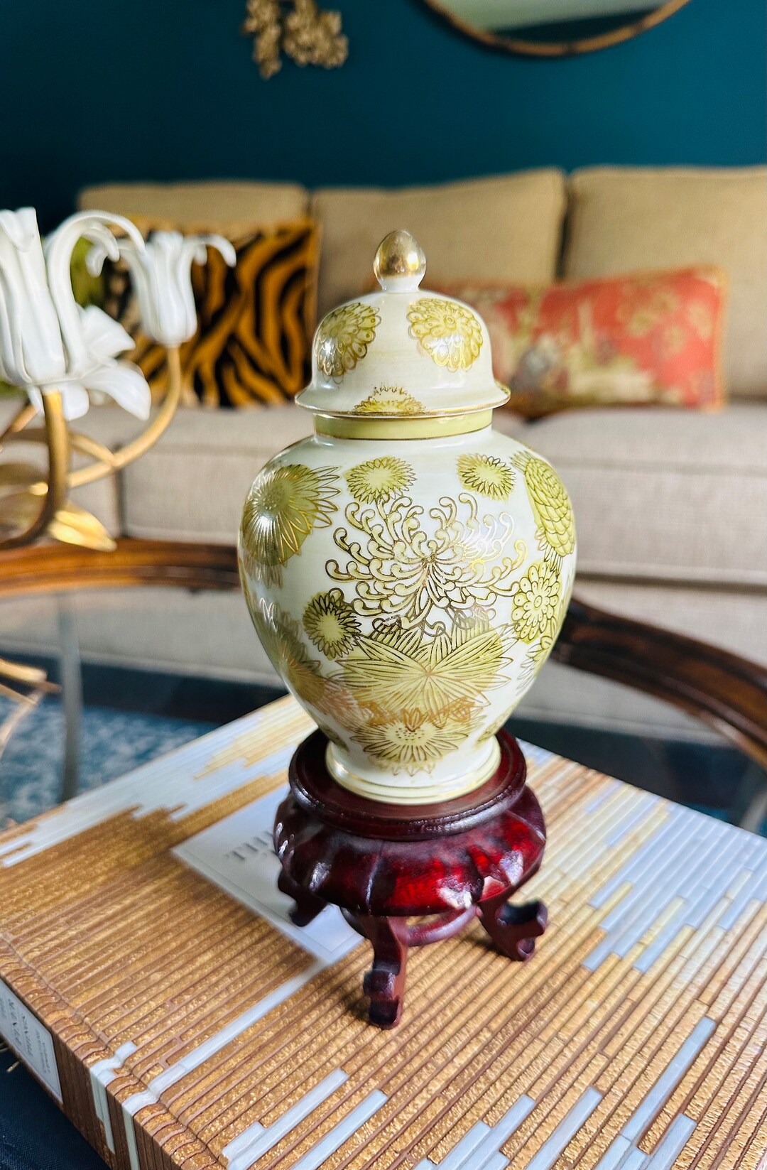Andrea by Sadek Green Floral Ginger Jar W/wood Stand - Etsy