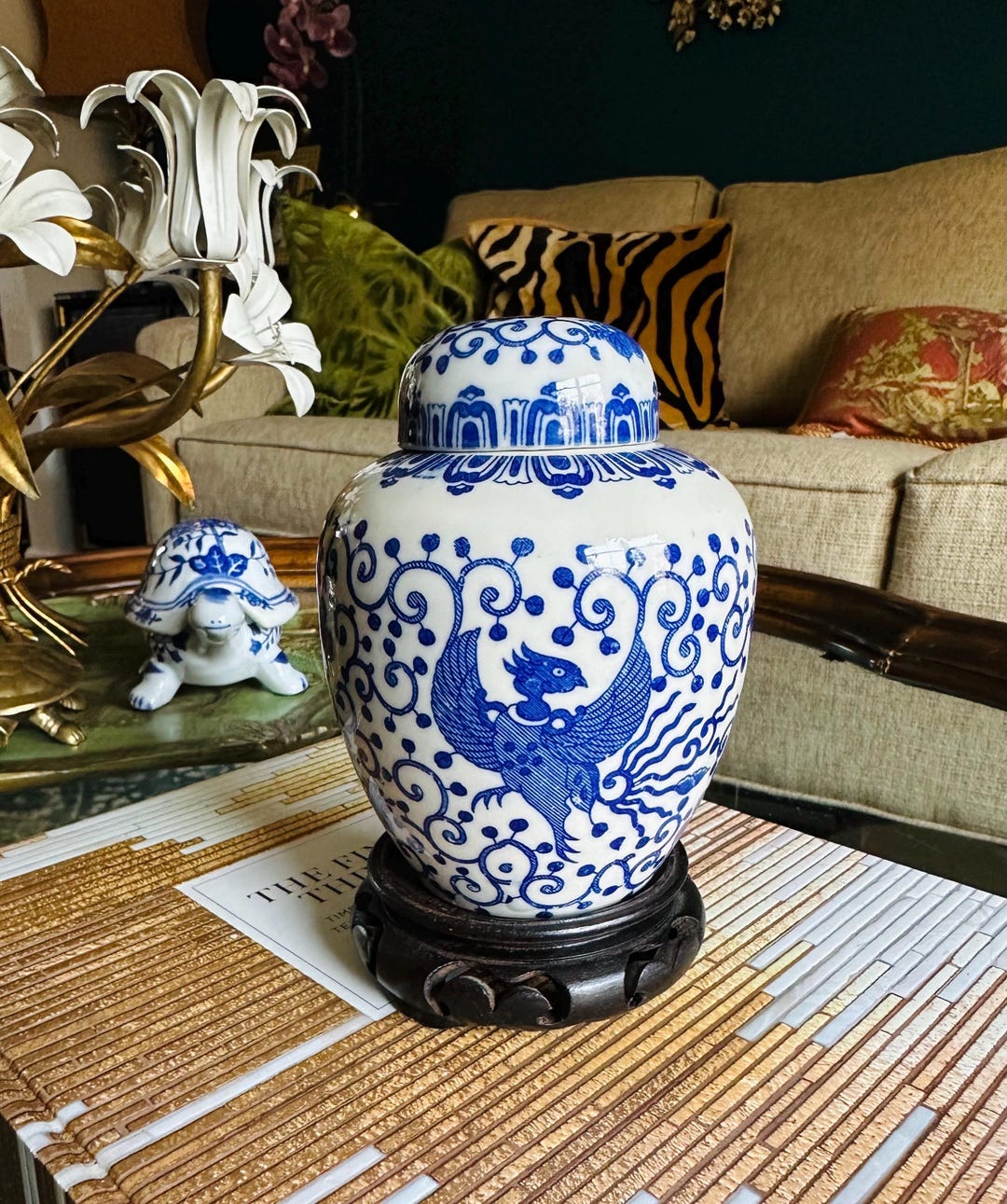 Blue & White Phoenix Ginger Jar W/wood Riser - Etsy