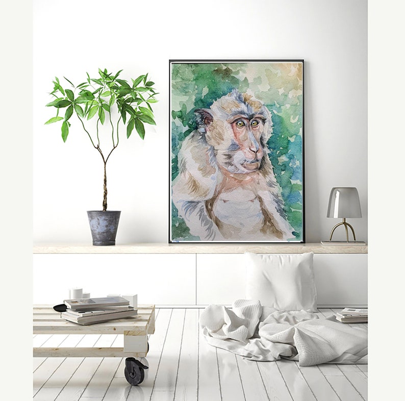Monkey Portrait Original Watercolor, Macaque Decor, Wild Animal, Asian ...