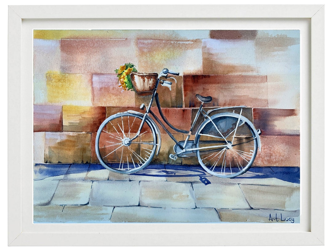 Vintage Bicycle Watercolor Painting With Wicker Basket and Yellow ...