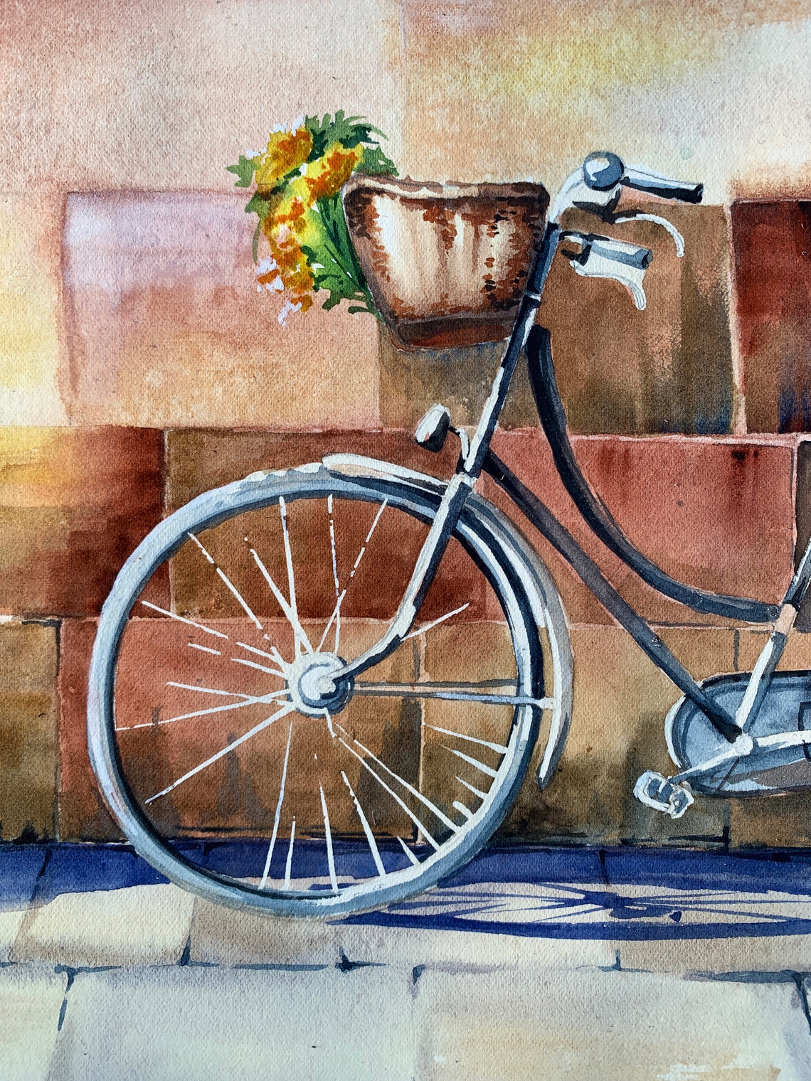 Vintage Bicycle Watercolor Painting With Wicker Basket and Yellow Flowers Retro Bike, Cute ...