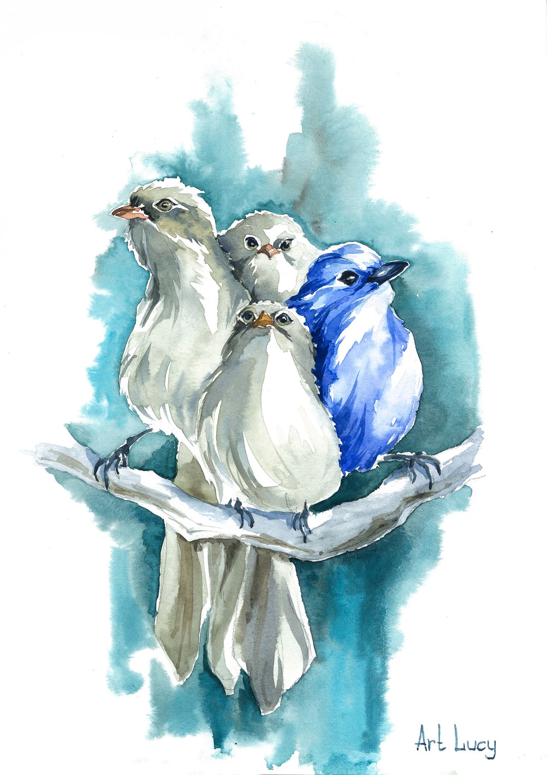 Cute Backyard Birds on Branch Watercolor Painting, Four Birds Painting ...