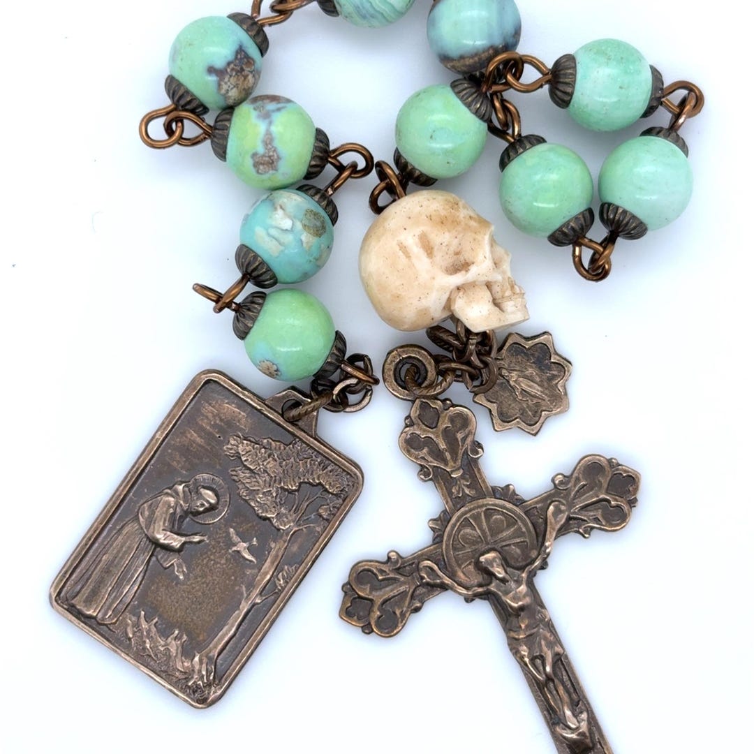 Memento Mori St. Francis Rosary: St. Chiara Medal, Verde Terra Agate ...