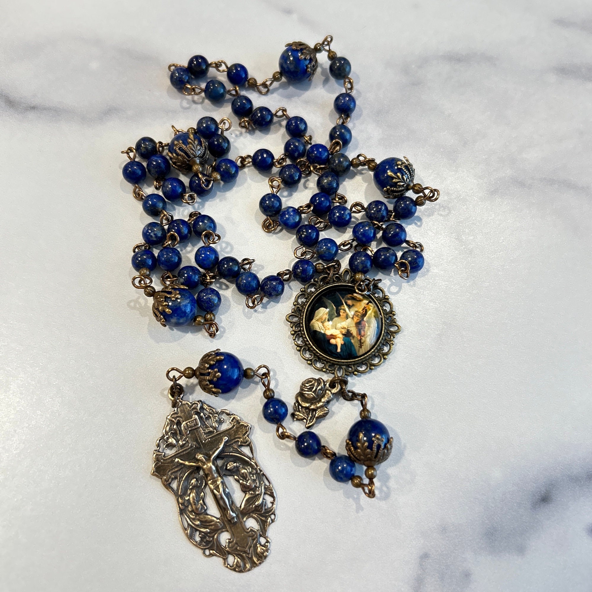 Song of the Angels Rose Miraculous Medal Lapis Lazuli Gemstone Bronze 5 ...