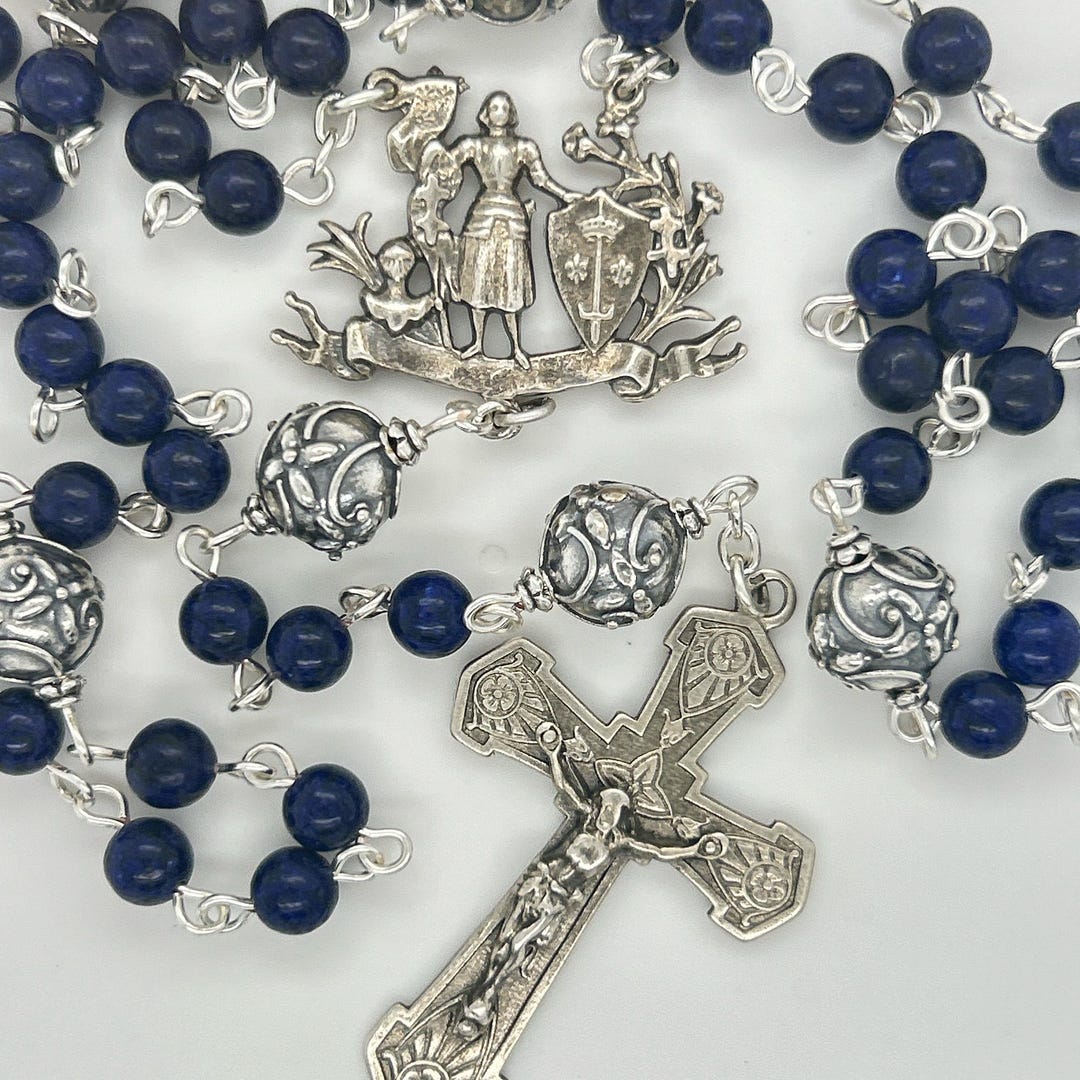 Sterling St. Joan of Arc Shield Lapis Lazuli Gemstone 5 Decade Catholic ...