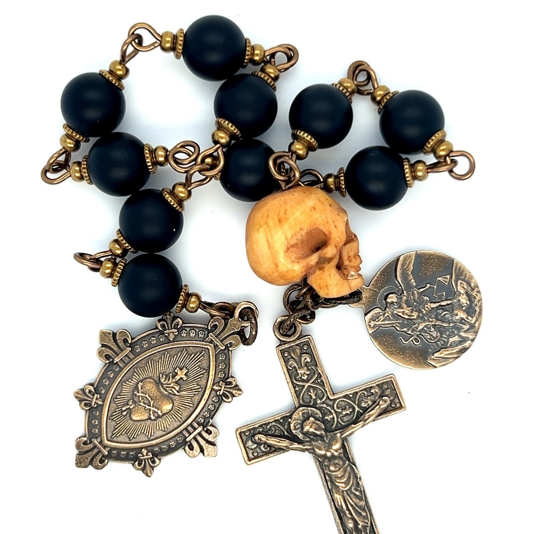 Memento Mori Sacred Heart St. Michael Black Onyx Bronze Catholic Tenner ...