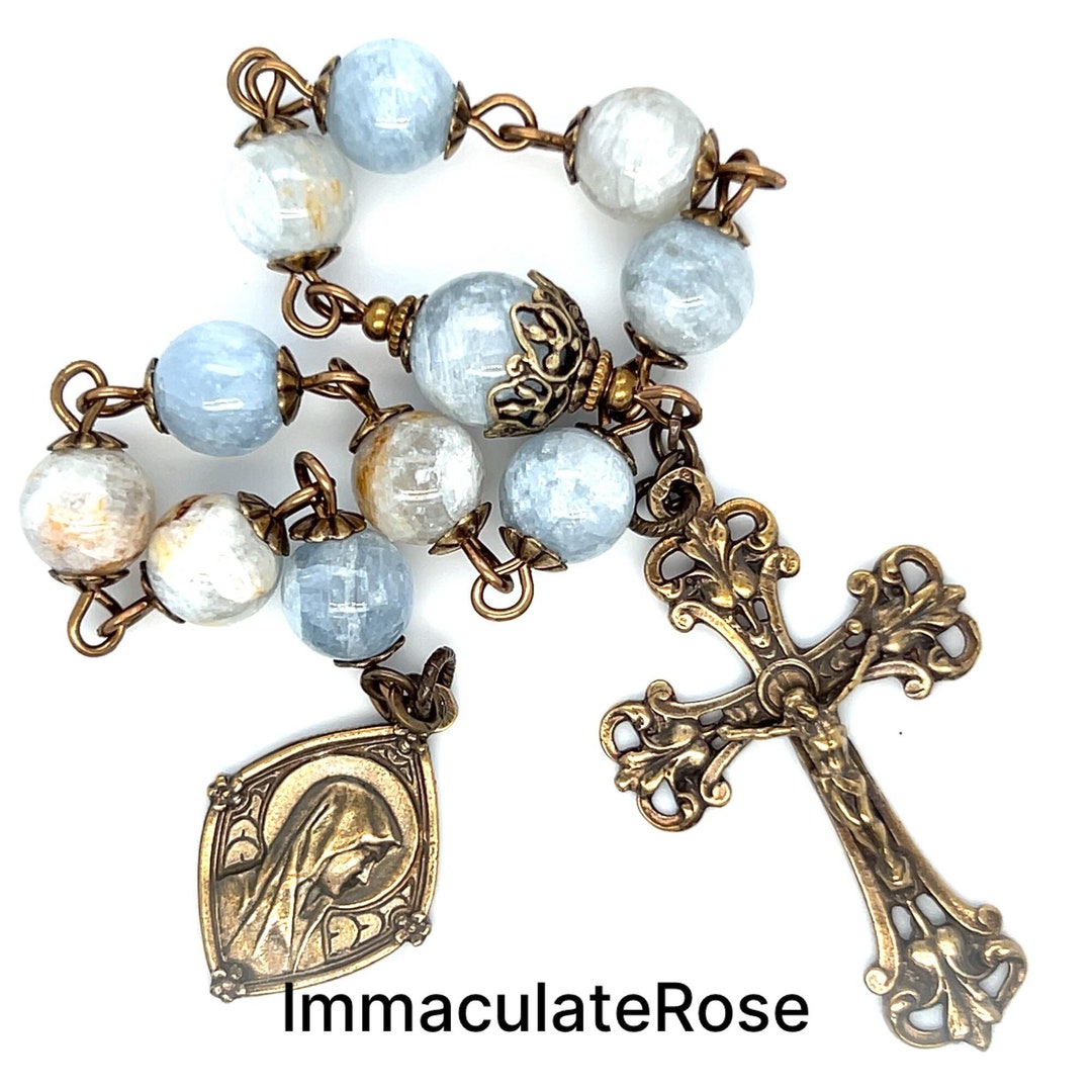 Our Lady of Lourdes Celesite Gemstone 1 Decade Bronze Tenner Rosary ...