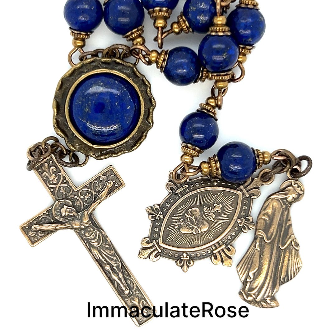 Sacred Heart Fleur De Lis Mary Miraculous Medal Lapis Lazuli Gemstone 1 ...