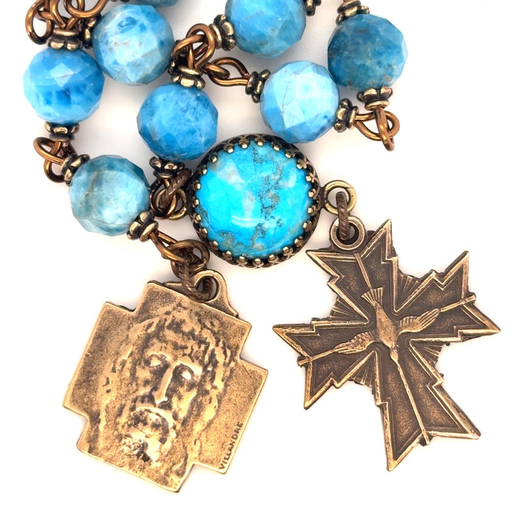 Holy Spirit Shroud of Turin Rosary - Turquoise & Apatite Gemstone ...