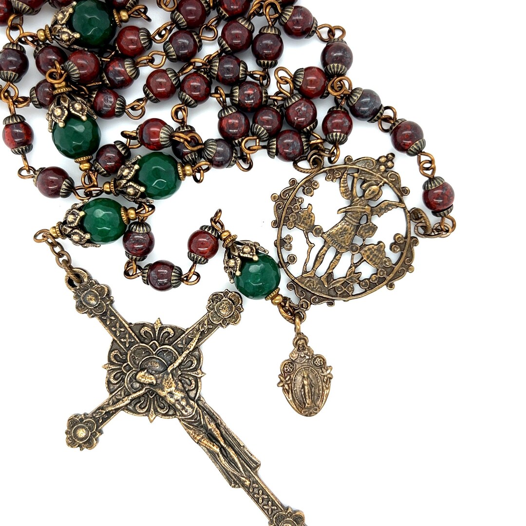 St. Michael Miraculous Medal Green Jade & Red Tiger Iron Double ...