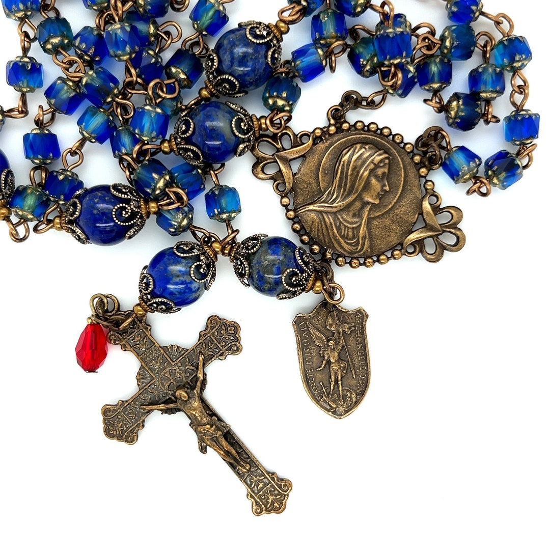 Holy Mother St. Michael Lapis Lazuli Gemstone and Czech Glass Bronze 5 ...