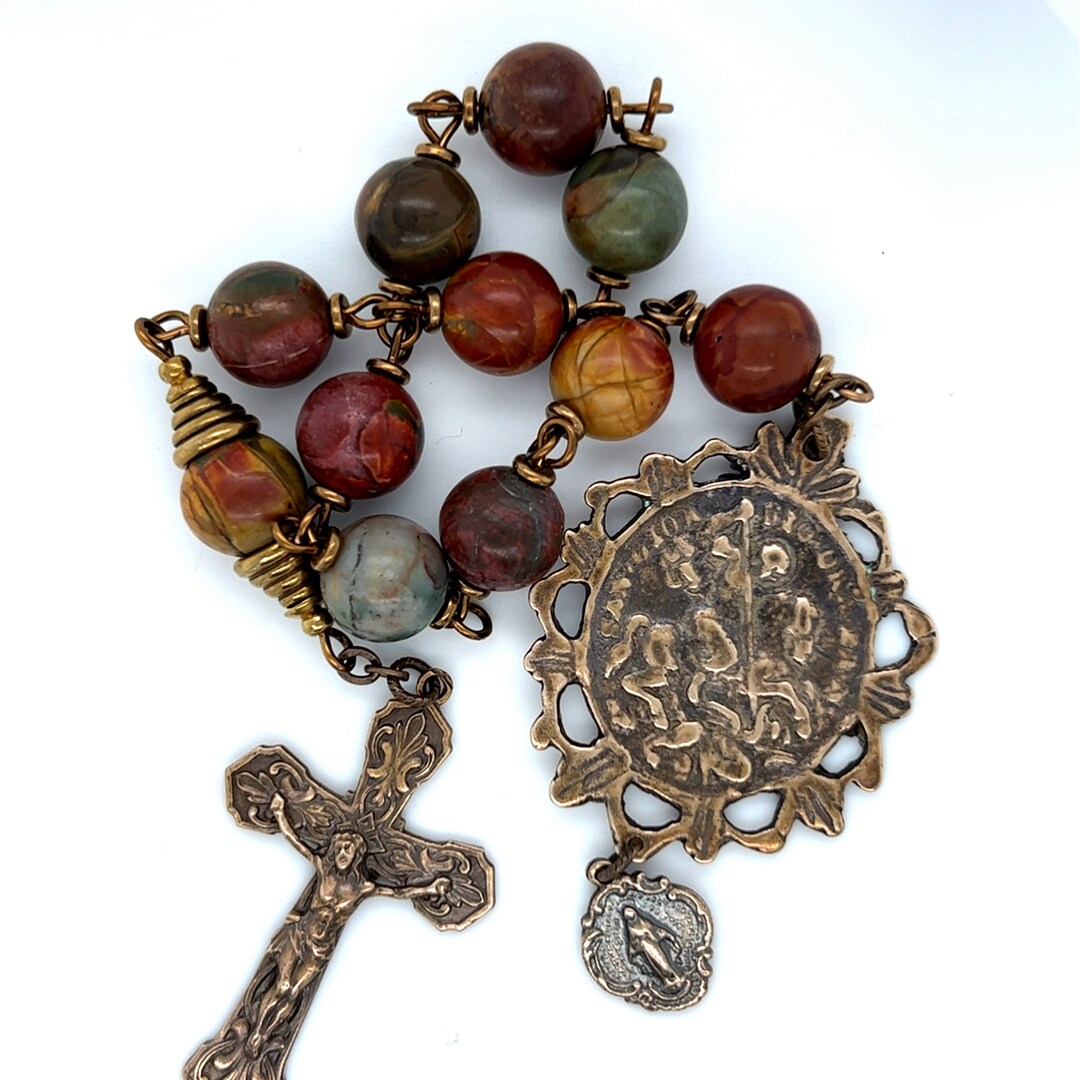 St. George Miraculous Medal Picasso Jasper Gemstone Rosary - Etsy
