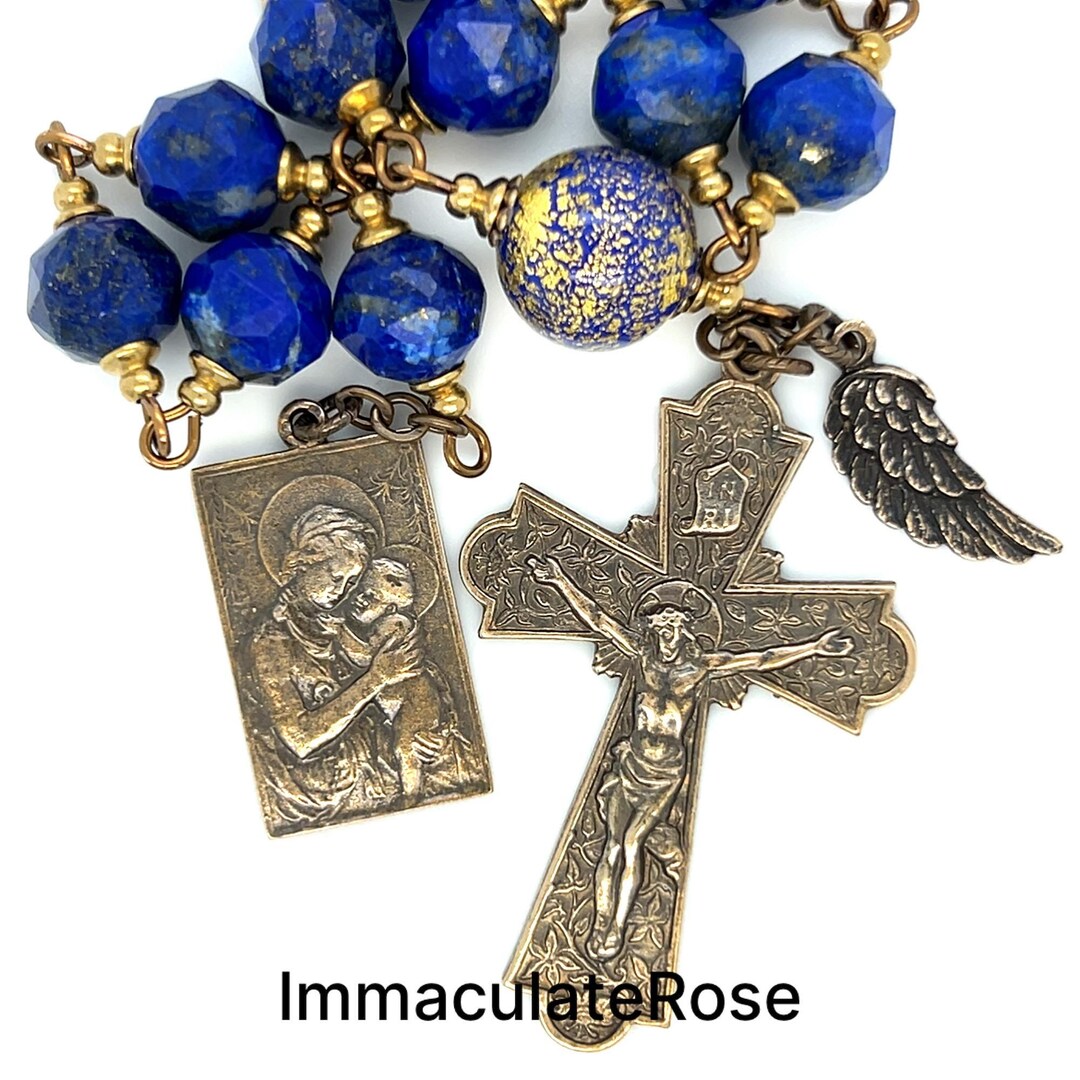 Lapis Lazuli Rosary: Bronze Holy Mother Medal, Murano Glass Bead Tenner ...