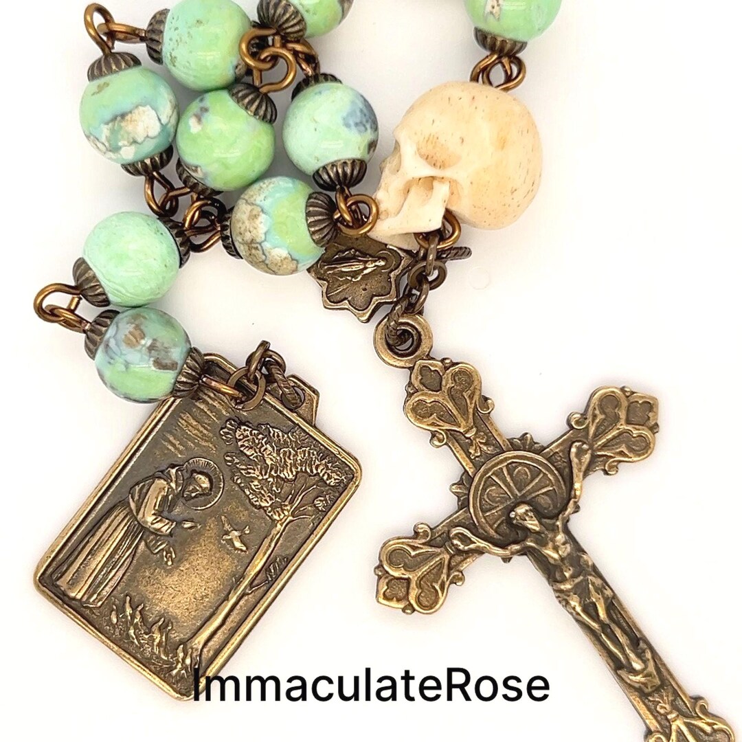 Memento Mori St. Francis Rosary: St. Chiara Medal, Verde Terra Agate ...