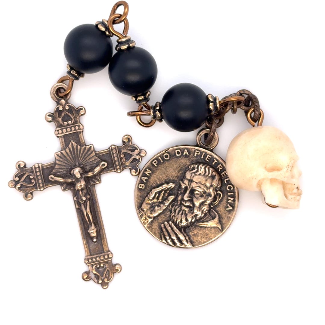 Three Hail Mary Memento Mori St. Padre Pio Black Onyx Gemstone Chaplet ...