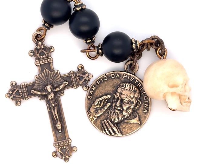 Three Hail Mary Memento Mori St. Padre Pio Black Onyx Gemstone Chaplet ...