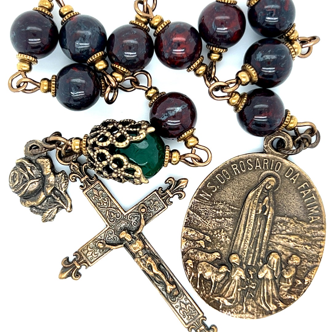 Our Lady of Fatima Rose Miraculous Medal Green Jade & Red Tiger Iron ...