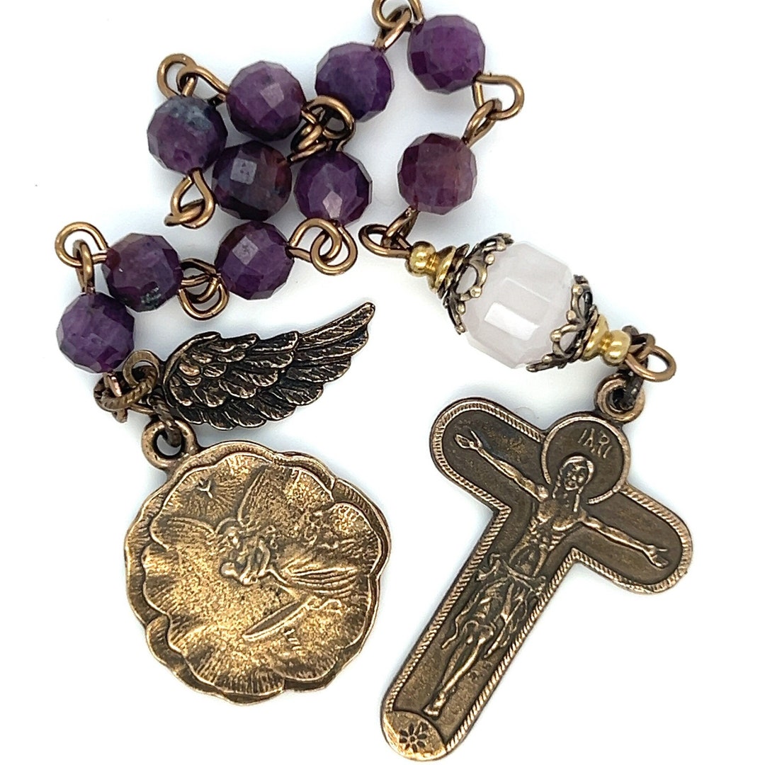 Guardian Baptismal Angel Rose Quartz & Ruby Gemstone 1 Decade Bronze ...