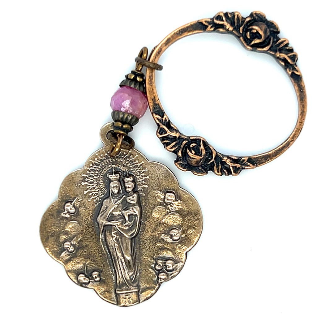 Mary Realms of Angels Ruby Gemstone Bronze Floral Key Ring Connector ...