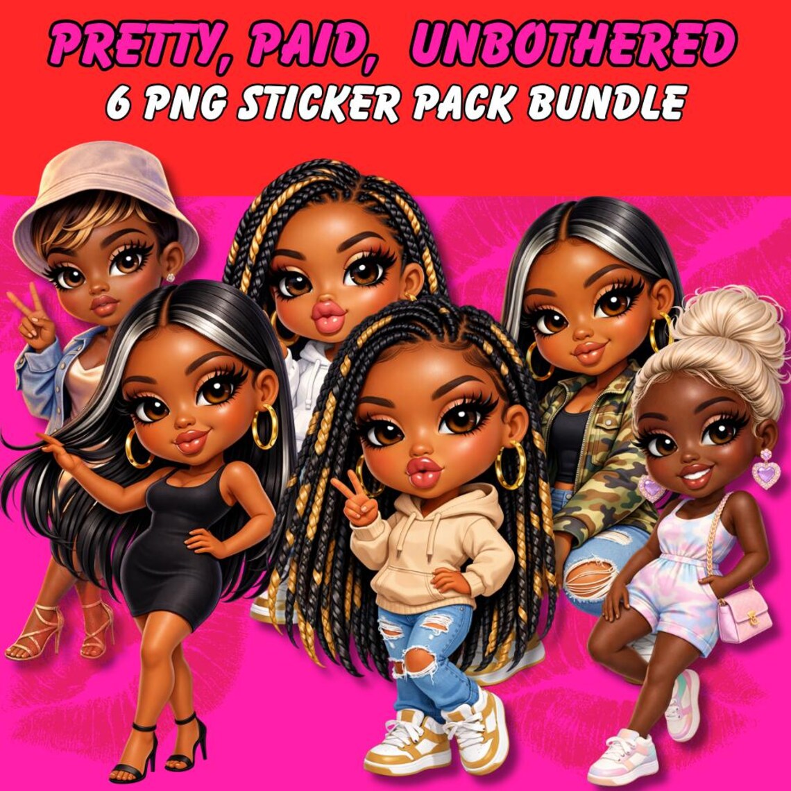 Pretty Paid Unbothered 6 PNG Sticker Pack, Black Girl Boss Digital ...