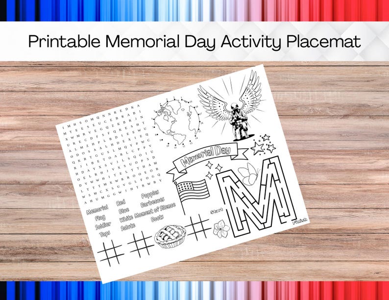 Memorial Day Activity Sheet for Kids – Printable Coloring Page, Word ...