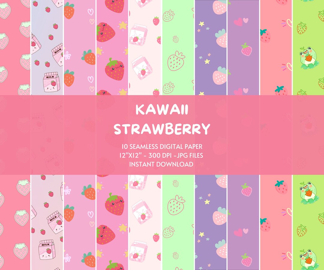 Kawaii Strawberry Digital Papers, Seamless Strawberries Patterned Paper ...