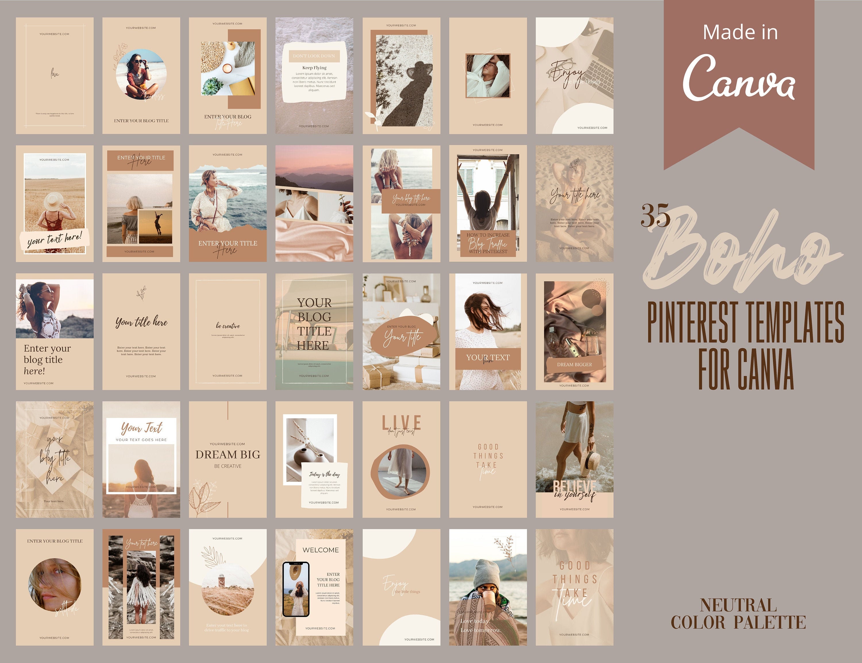 Neutral Pinterest Templates for Bloggers for Canva Feminine Pin ...