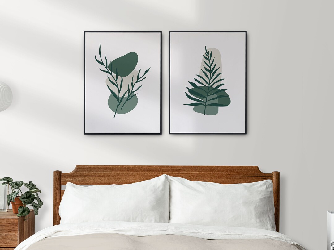 Set of 2 Dark Green Boho Leaves Poster, Flower Wall Art, Bohemian ...