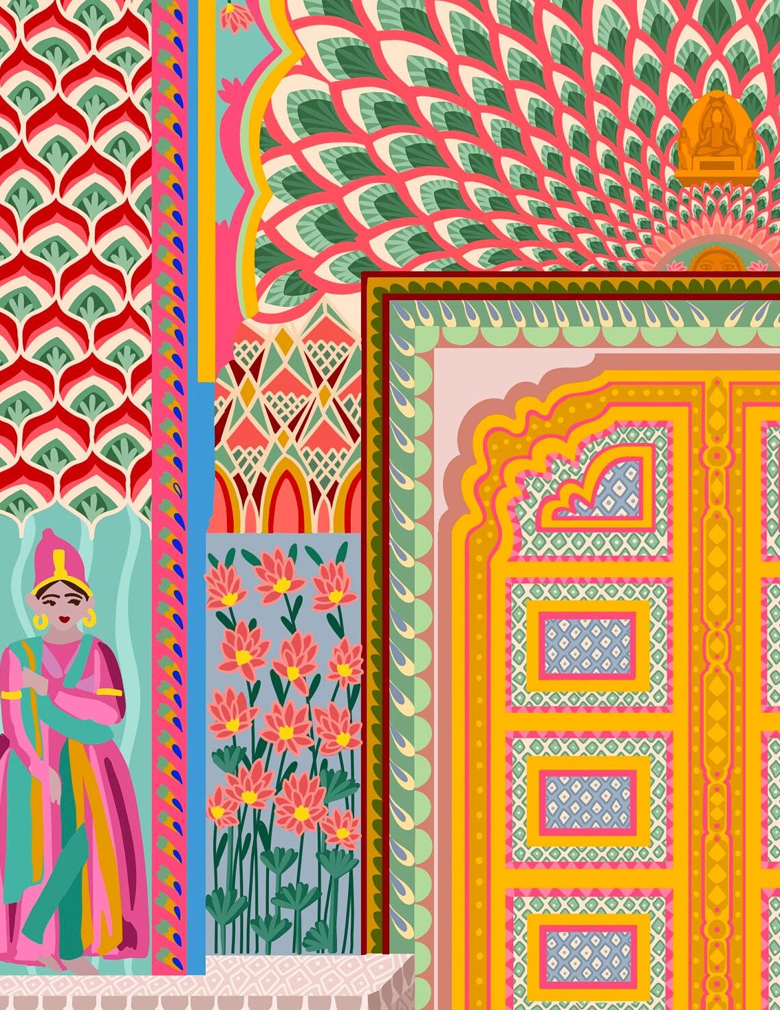 Lotus Gate Print / India Illustration / Jaipur Illustration - Etsy