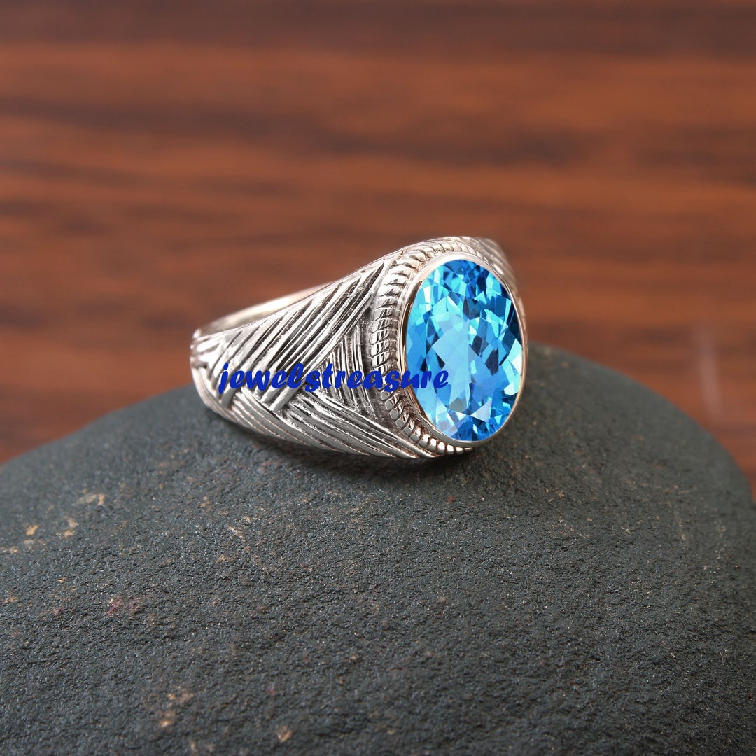 Blue Topaz Men Ring, Birth Stone Ring, Silver Ring for Men, Topaz Men ...