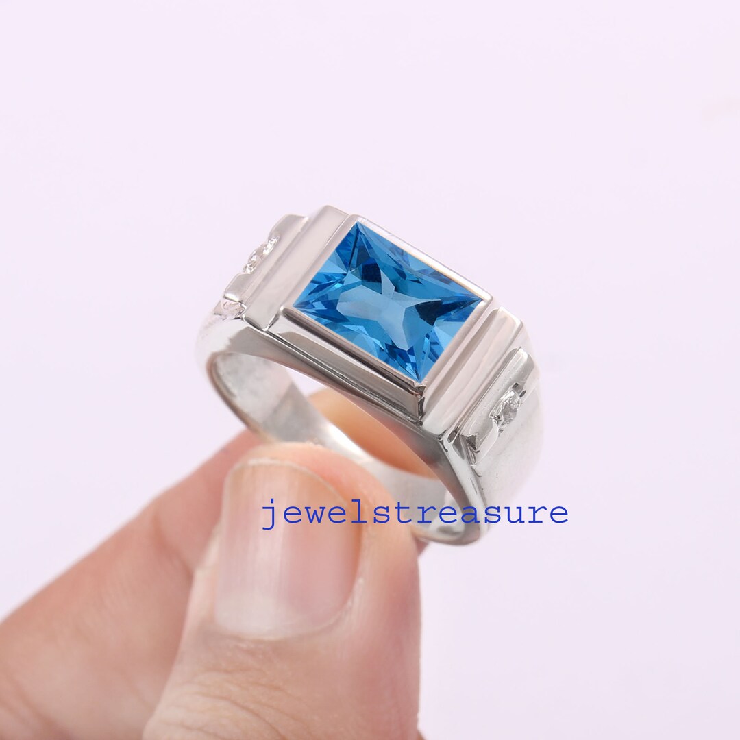 Blue Topaz Men's Ring, Silver Ring for Men, Birth Stone Ring, Blue ...