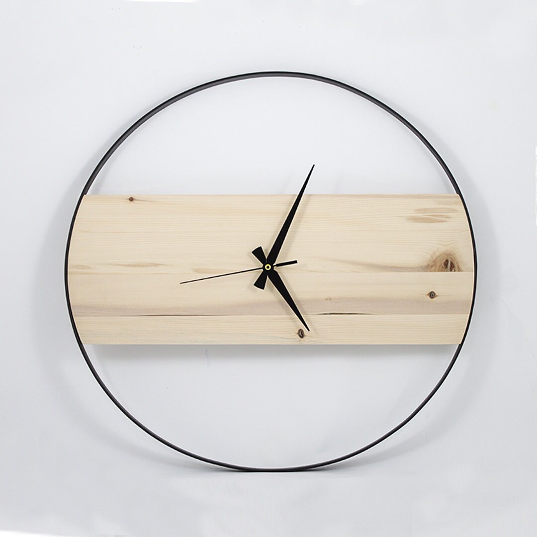 Black Metal Frame & Live Edge Spruce Wood Wall Clock, Minimal Wall Art ...