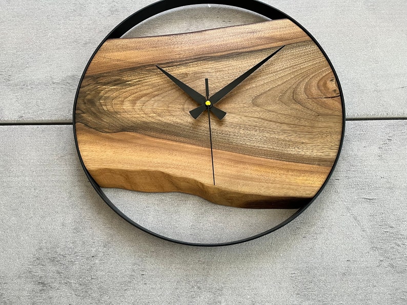 Modern Rustic Wall Clock – Black Iron Frame With Natural Walnut Wood ...